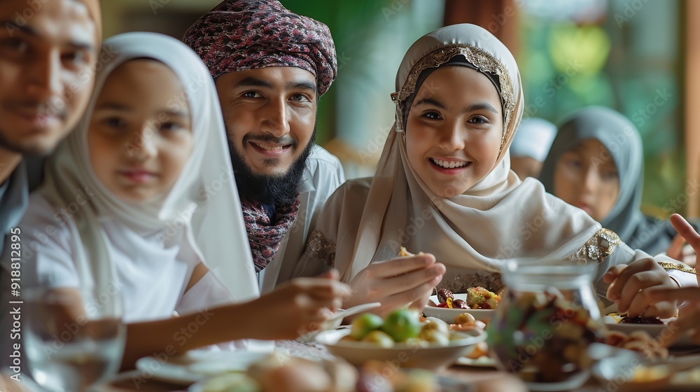 Happy Muslim family having iftar dinner to break fasting during Ramadan ...
