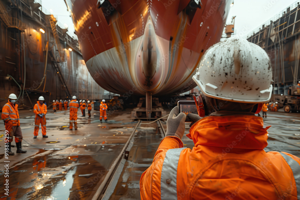 Shipyard Inspection of Cargo Ship Under Repair. Shipyard workers ...