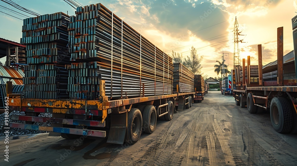 Trucks with long trailers carrying steel bars for building construction ...