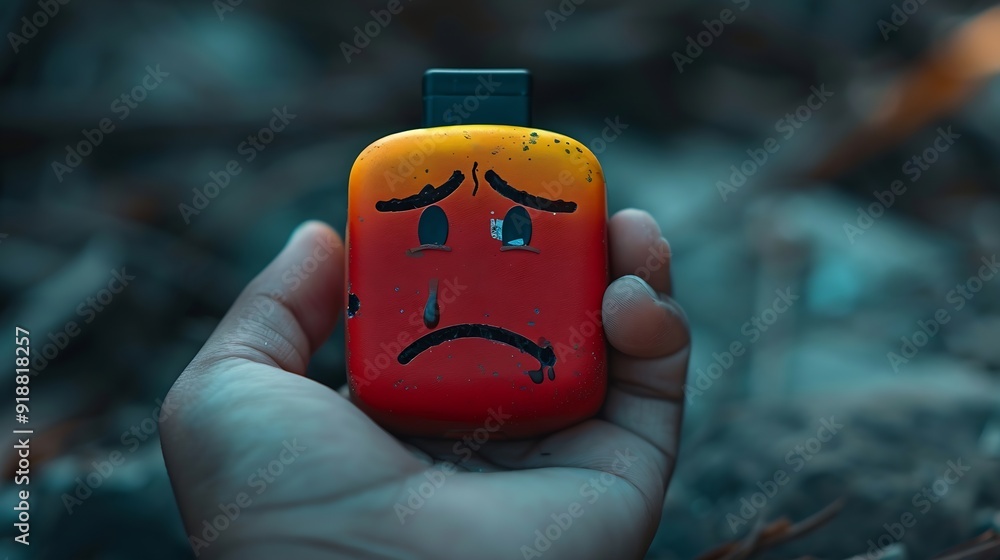 Hand holding sadness or unhappy face and low battery Low energy no ...