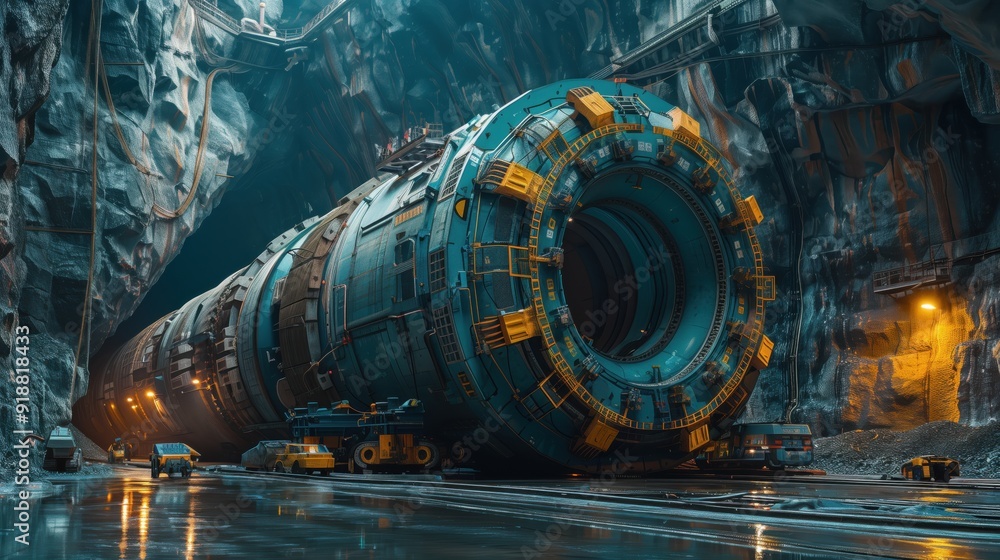 Tunnel Boring Machine at Massive Underground Worksite. Colossal tunnel ...
