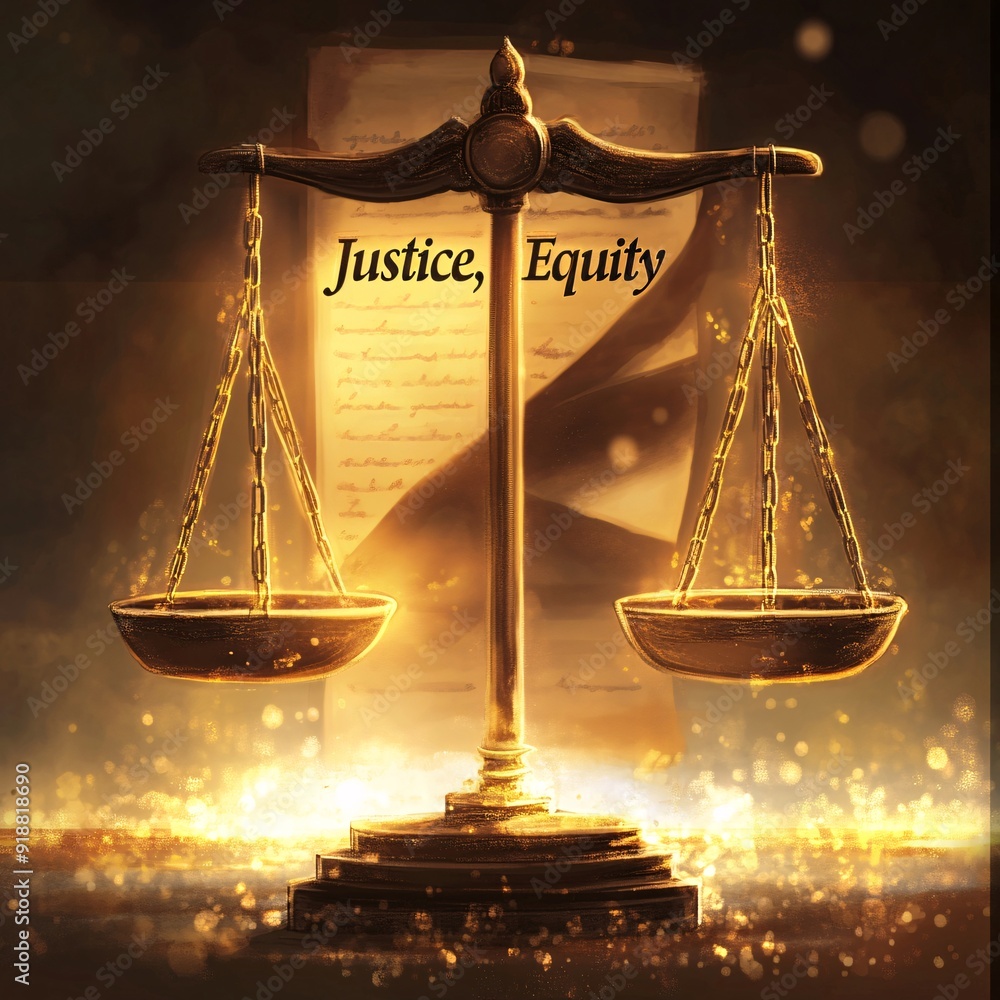 Depicts a pair of balanced scales, one side holding the word "Justice ...