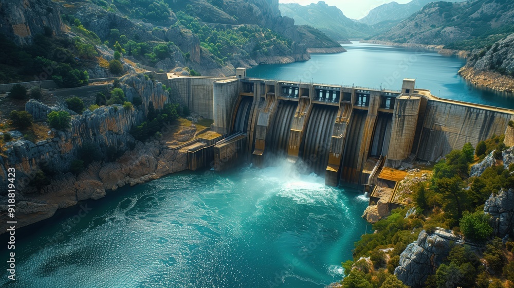 Large hydroelectric dam situated in rugged terrain, with powerful water ...