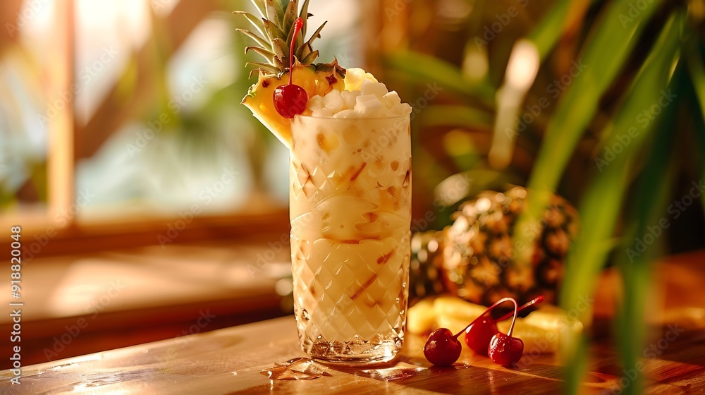 Tropical pina colada cocktail or mocktail in a tiki glass with ...