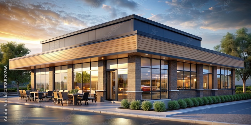 Exterior render of a modern one-story restaurant or commercial building ...