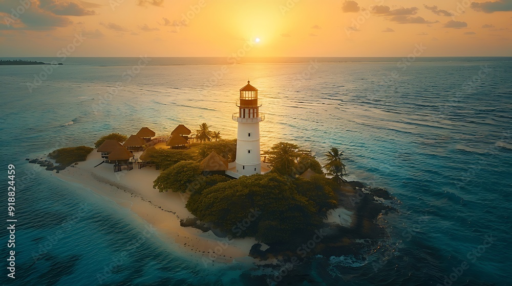 Aerial view of a lighthouse of a luxury resort with bungalows on a ...