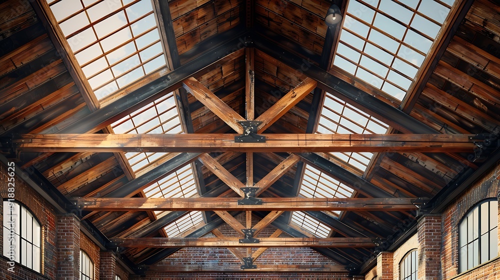 Gable roof truss of a large vintage factory hall Roofing construction ...