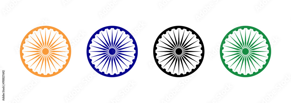 Ashoka chakra icon set in blue, orange, black and green color. Ashoka ...