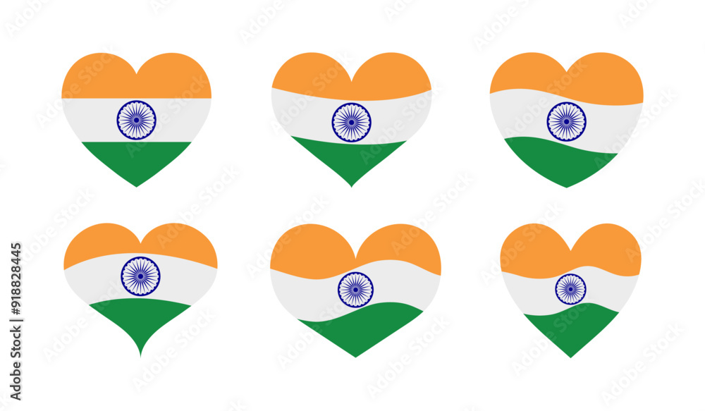 Collection of hearts with the Indian flag. Vector illustration. Set of ...
