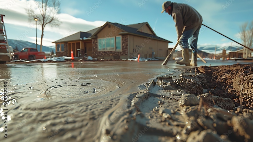 Man working on smoothing concrete driveway for the new home build at ...