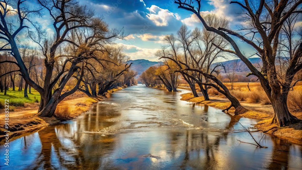 River flowing between withered trees , river, flowing, between ...