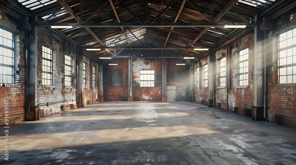 Interior view of an old rundown and abandoned factory building Big ...