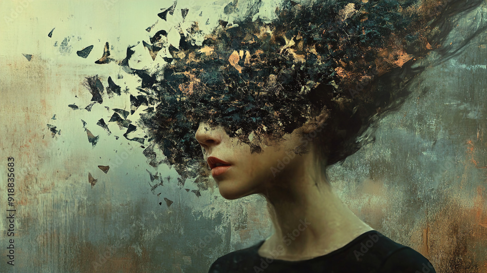 A surreal digital artwork depicting a side profile of a woman's face ...