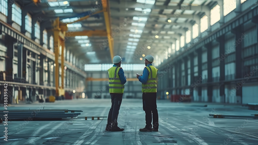 Two Engineers Talking Standing in the Middle of an Empty Warehouse ...