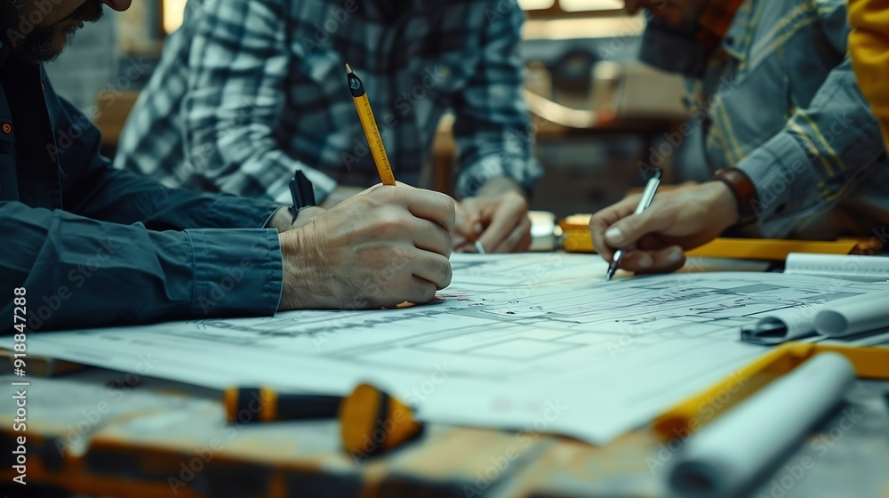 Brainstorming group of architects and engineers discuss building ...