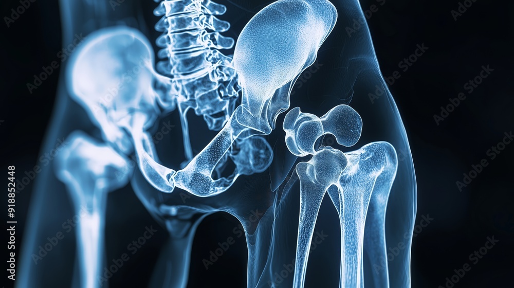 Close-up X-ray image of a human pelvic bone, showing clear details of ...