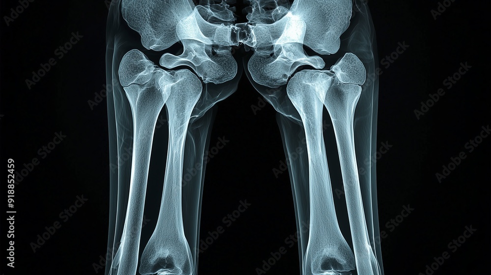 X-ray image of the lower human skeleton showing hip joints and upper ...