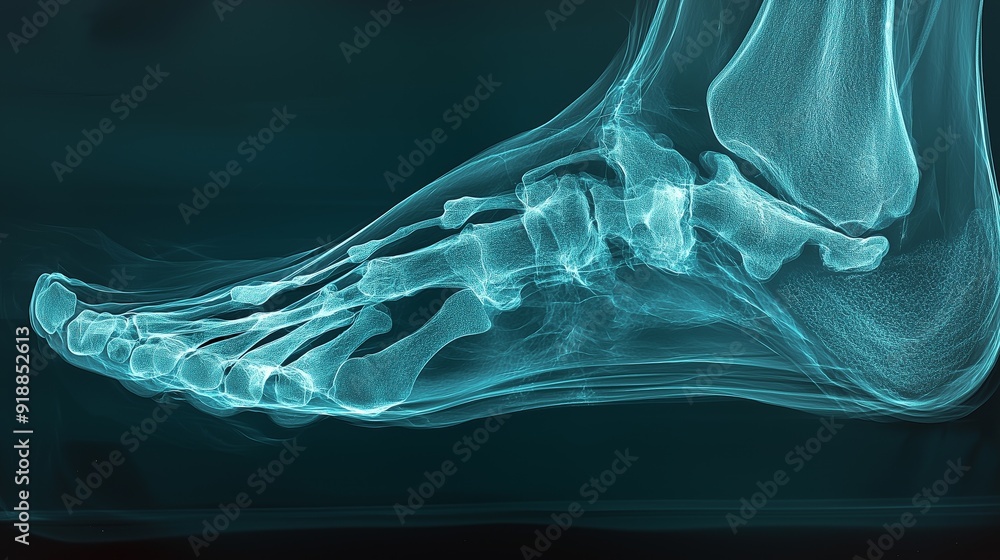 Medical X-ray image showing a detailed view of a human foot. Clear bone ...