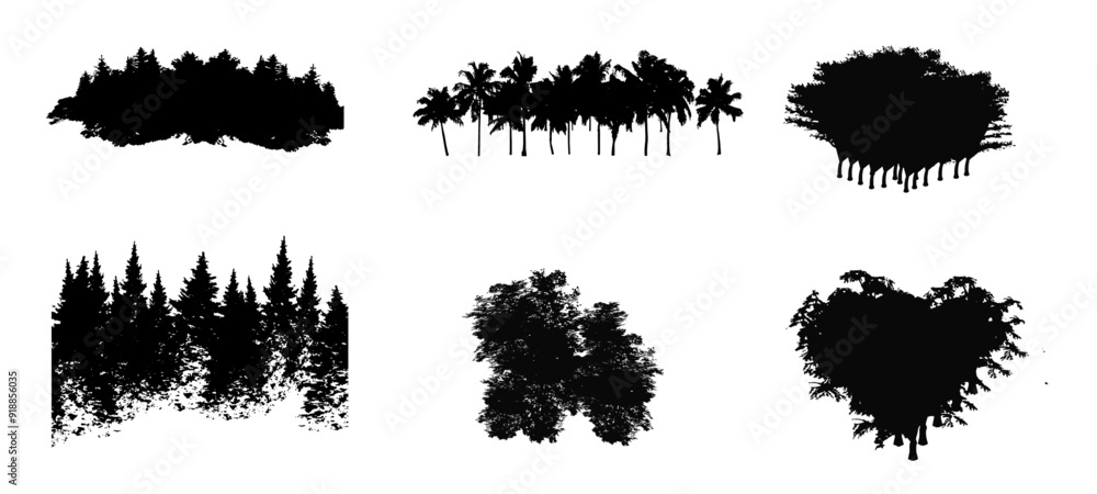 Collection of different trees in a forest landscape silhouette, natural ...