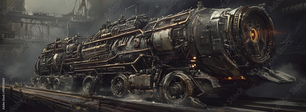 Vintage gear driven dieselpunk steam locomotive in a dystopian ...