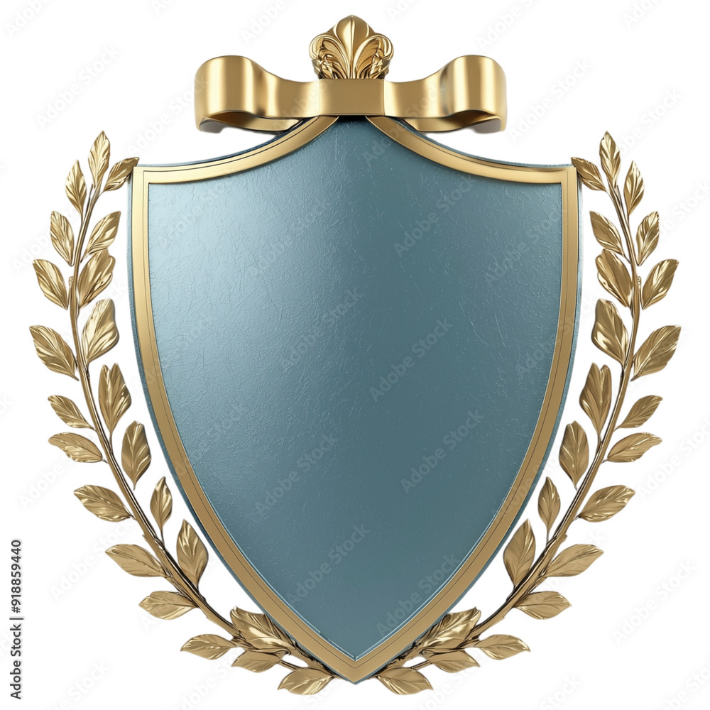 Classic teal and gold shield crest with laurel wreath and ribbon on a ...