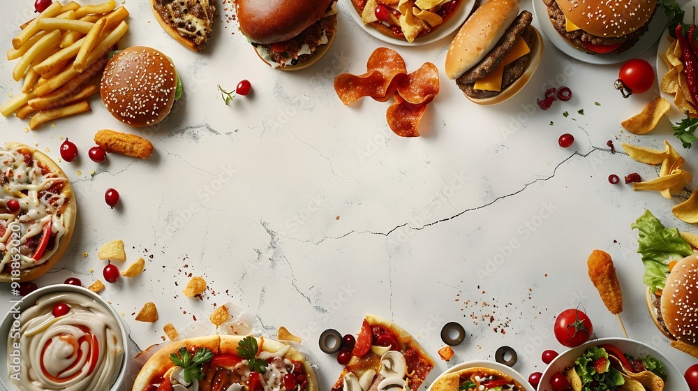 Junk food table scene scattered over a white marble background ...