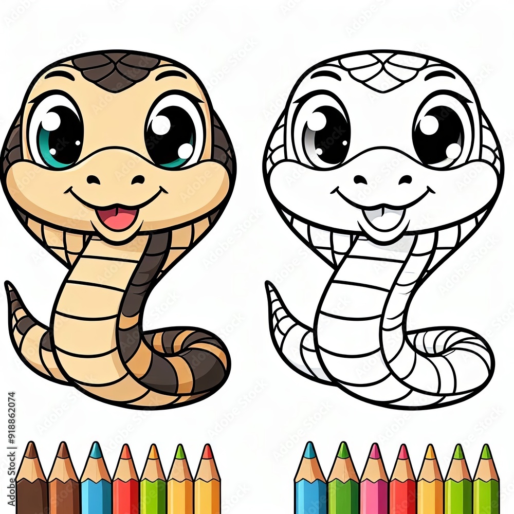 Adorable cartoon snake with a vibrant coloring option on the left and ...