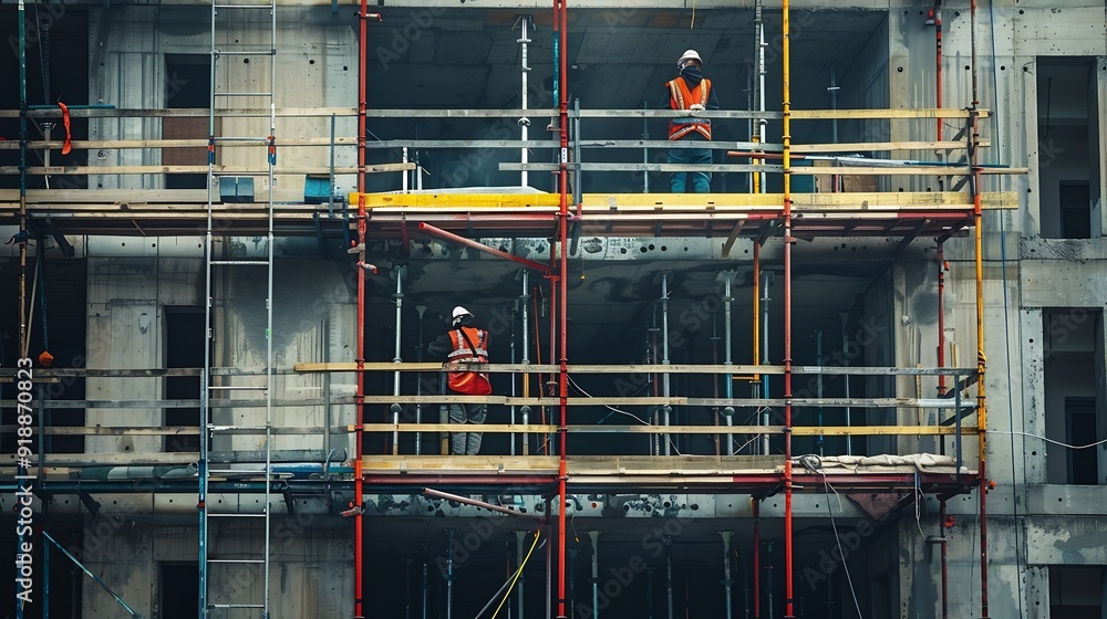 Construction building site with framework railing guard walkway on the ...