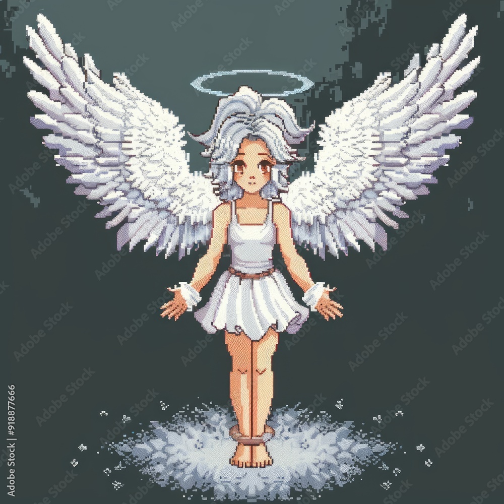 Pixel art angel with white wings and halo standing on a cloud. Stock ...
