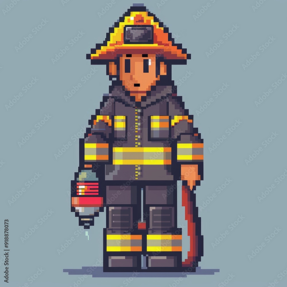 Pixel art illustration of a firefighter holding a hose and a fire ...