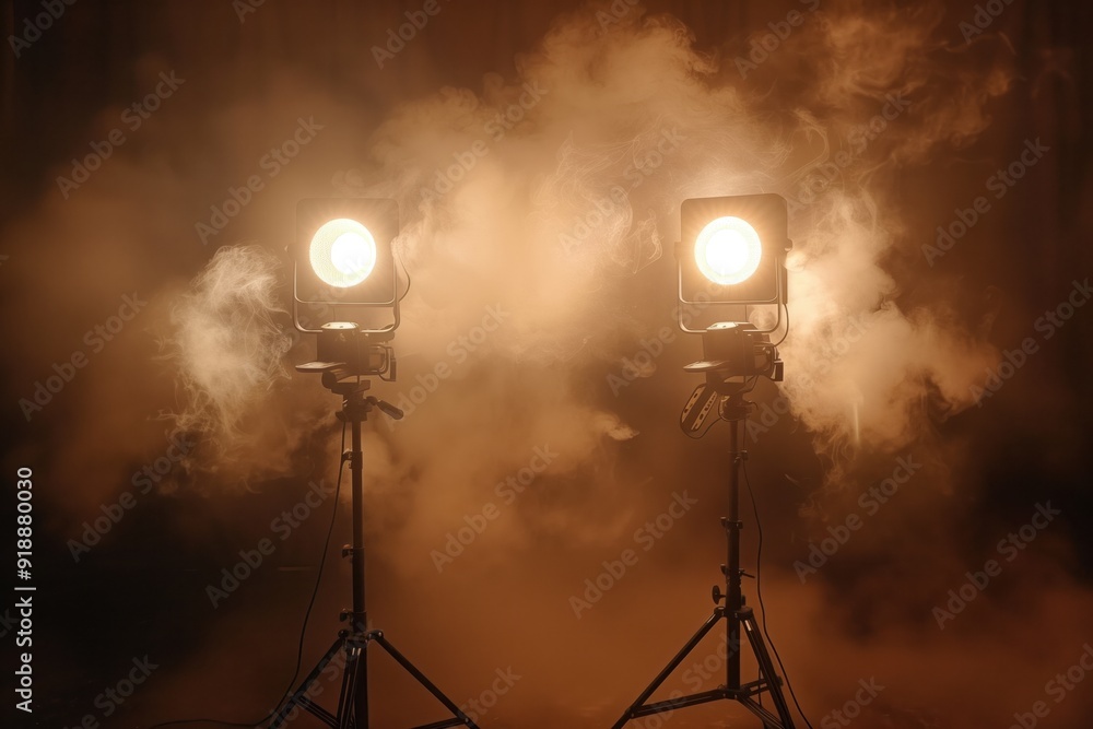 having installed two lighting devices for filming, they stand opposite ...