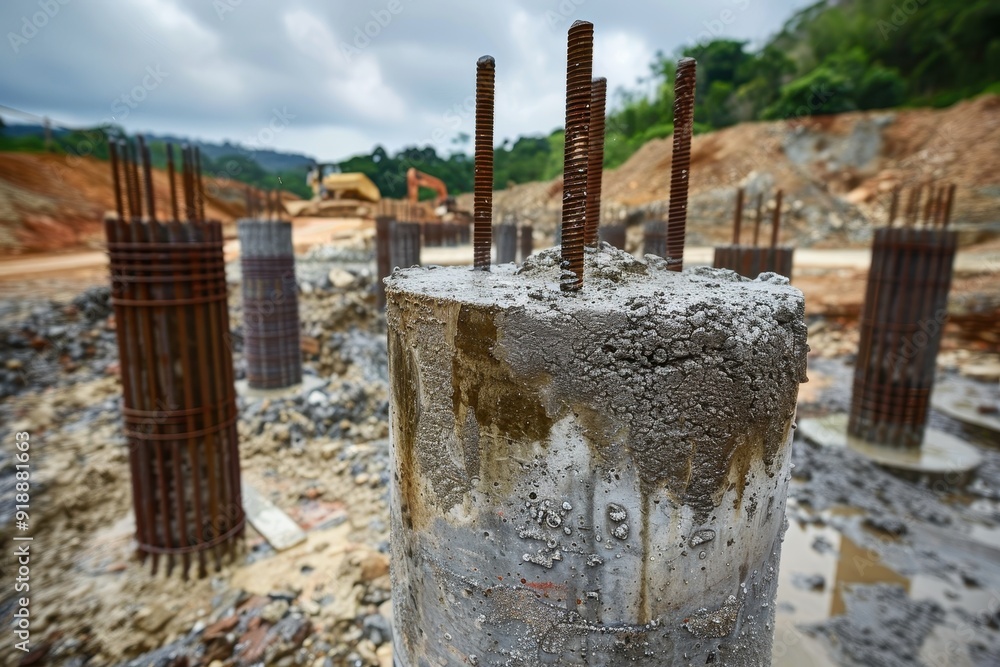 Concrete column with protruding reinforcement bar at construction site ...