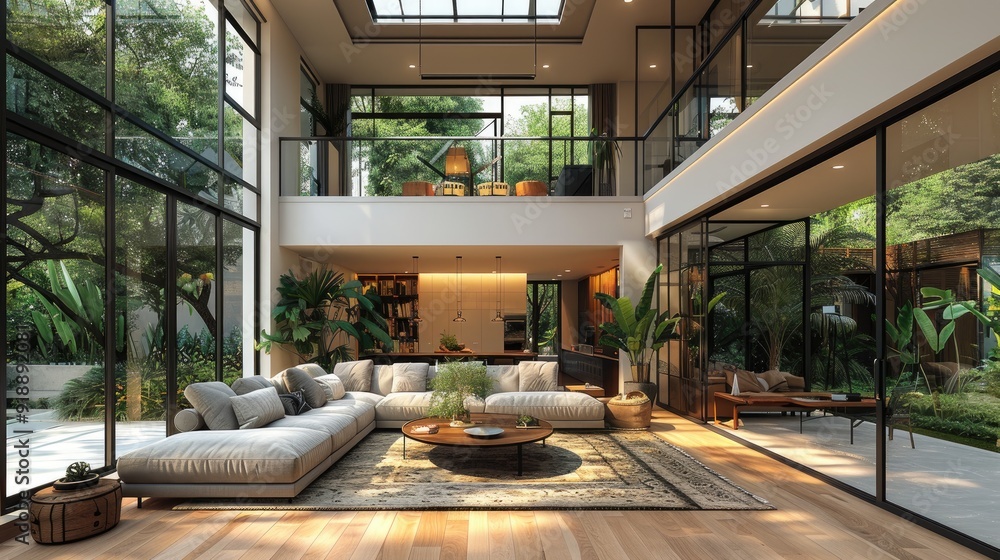 modern open plan living room with a high ceiling, glass windows and ...
