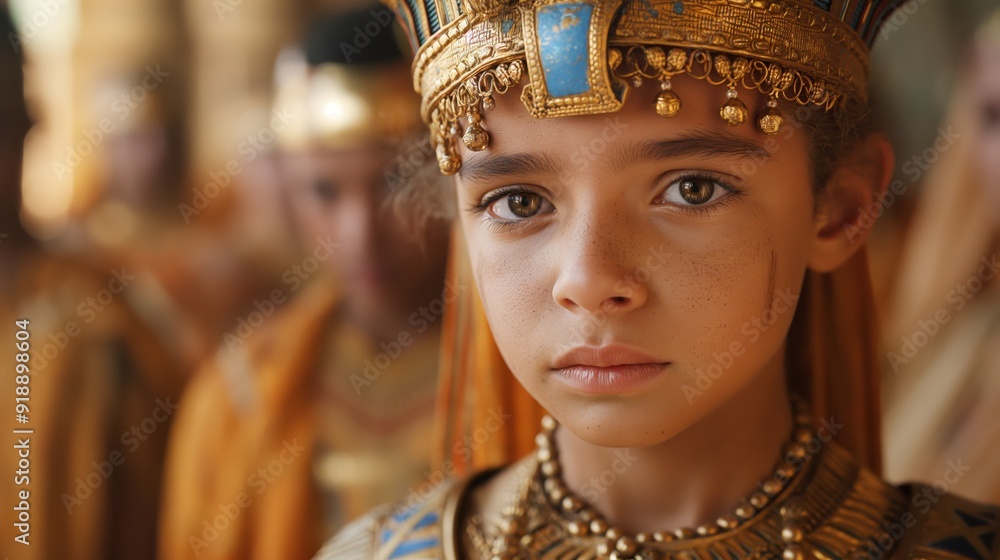Cinematic film, photograph award-winning film, a photo of, Bokeh, young Moses being led to ...