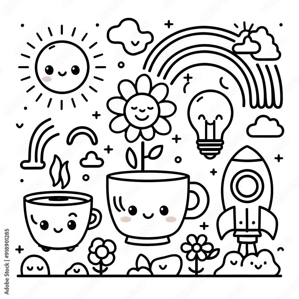 Kawaii style line art illustration. Set of sun, flower, coffee cup ...