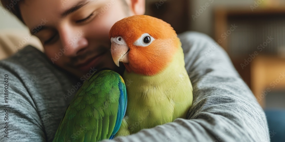 man holding a parrot in his arms - close-up portrait of a man and his ...