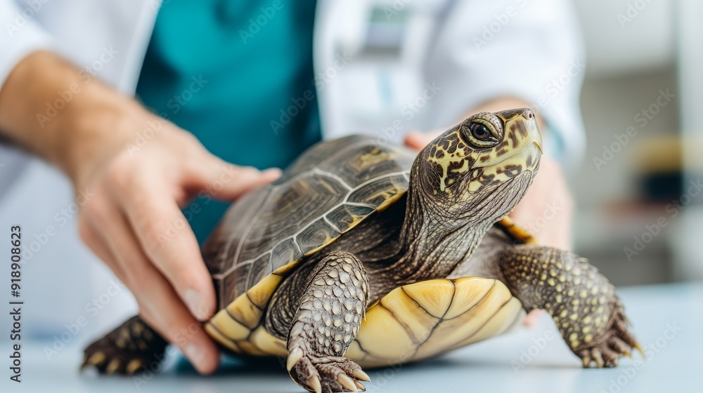 veterinarian examining a turtle with gentle hands, pet care, animal ...