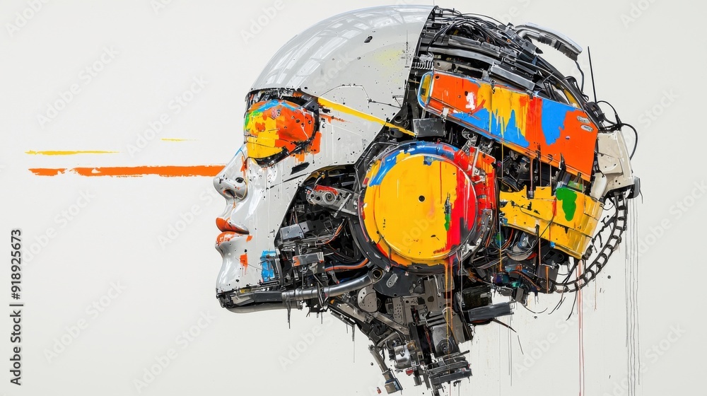 Side profile of a lazy punk robot is face with a disheveled, retro ...