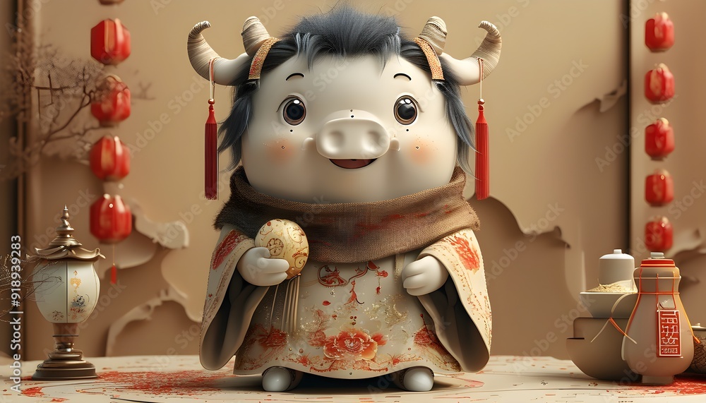 The cute little girl wears traditional Han costumes, holds a mascot ...