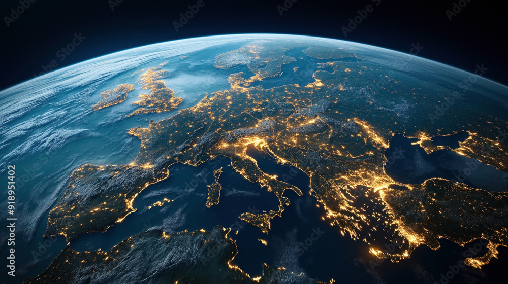 Satellite view of Europe at night showing city lights in regions ...