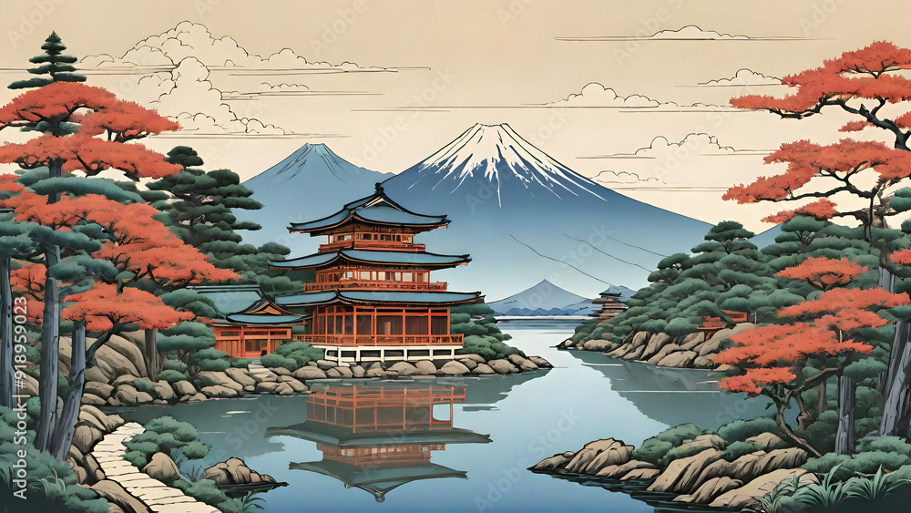 Ancient Japan temple architecture blends harmoniously with serene park ...