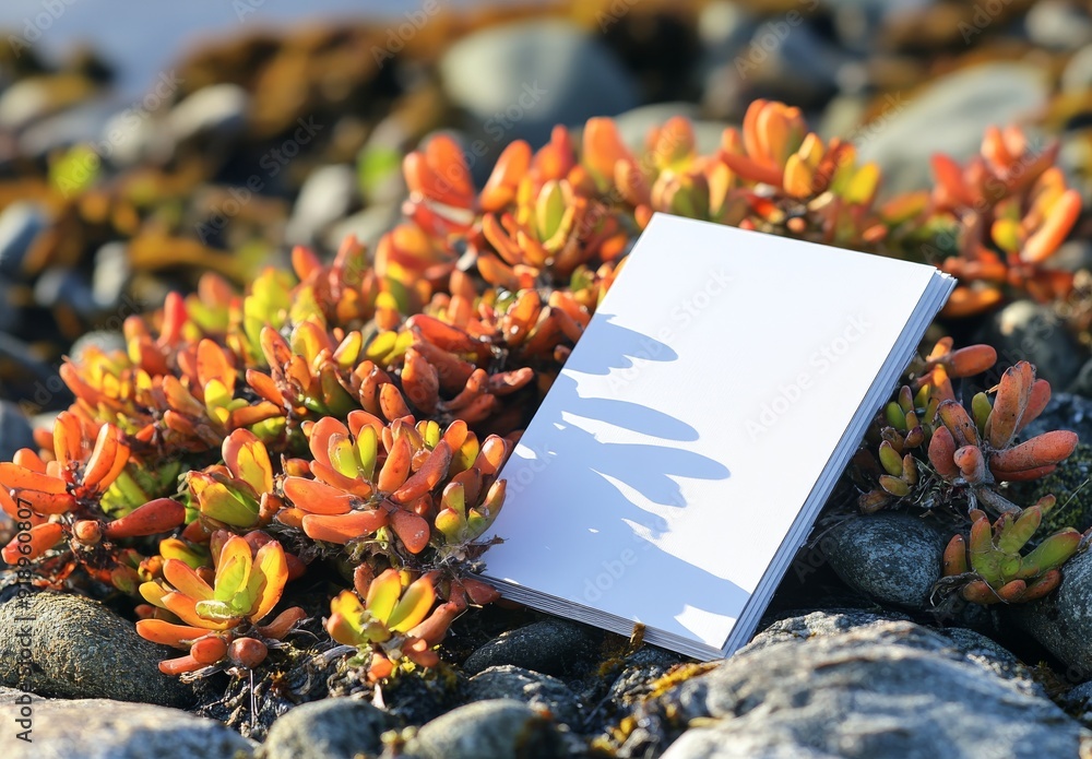 Printed book model on rocks in the sand, notebook mockup, mockup ...
