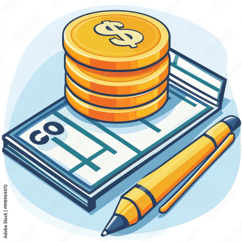 Cartoon Illustration of a Checkbook, Gold Coins and a Pen Stock ...