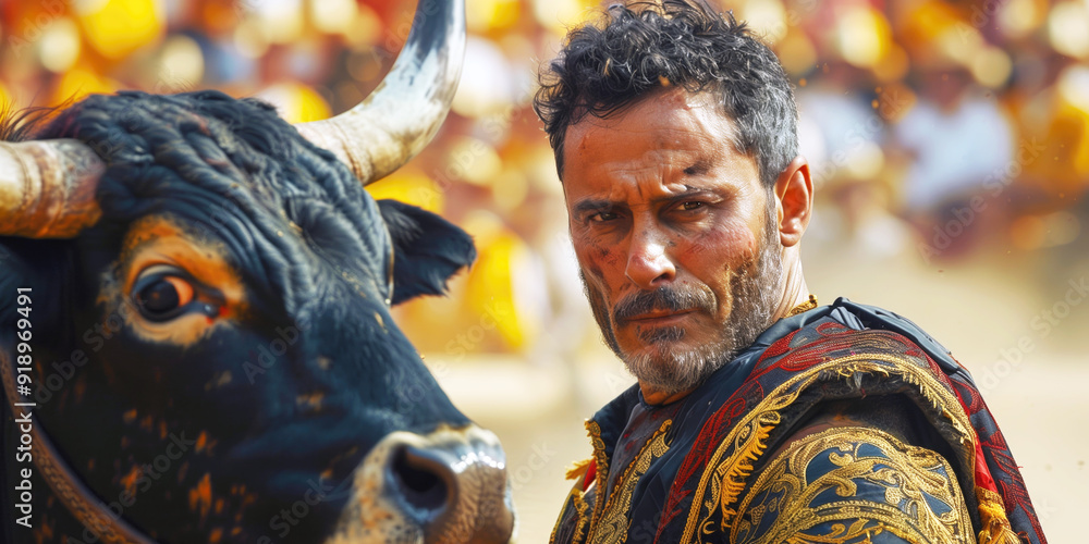 Determined bullfighter in traditional costume standing next to a fierce ...