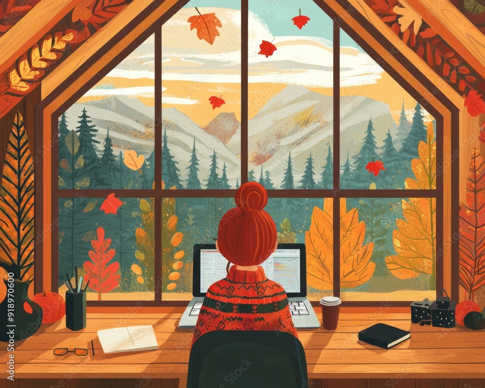 Working in a Fall Environment: A person working remotely from a cozy ...