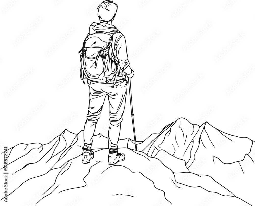 Adventurous Line Art Illustration of a Man Using a Trekking Pole and ...
