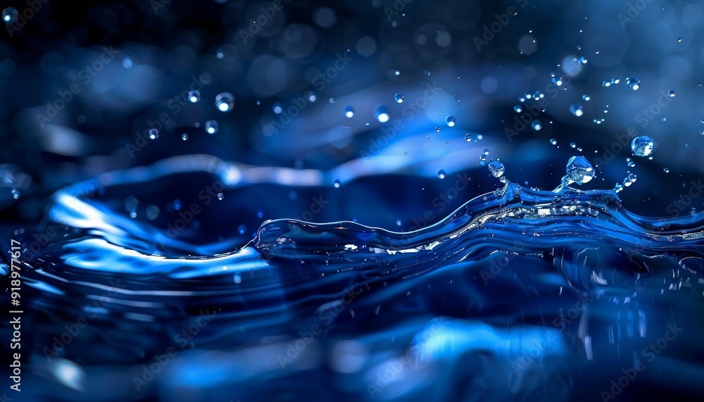 Abstract Dark Blue Liquid with Light Reflections and Droplets, Digital ...