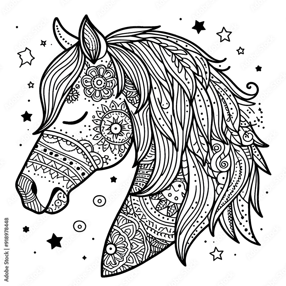 Hand drawn zentangle horse for adult coloring page, art therapy ...