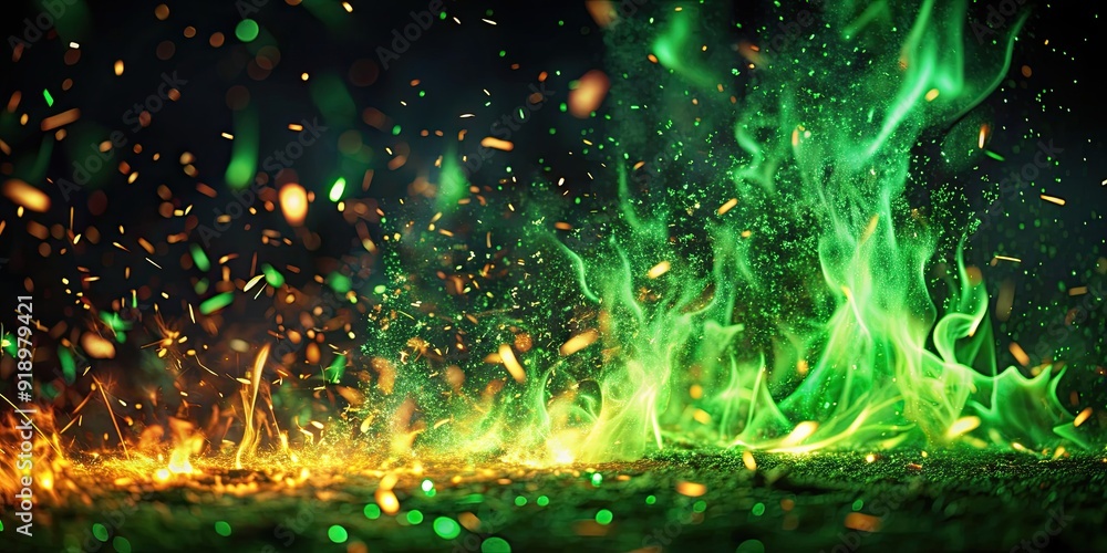 Blurred green fire embers sparks on black background, blurred, green ...