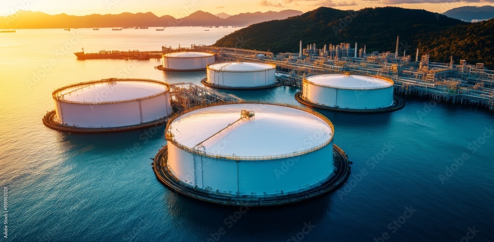 ภาพประกอบสต็อก LNG storage tanks, LNG transportation vessels, LNG regasification units ...